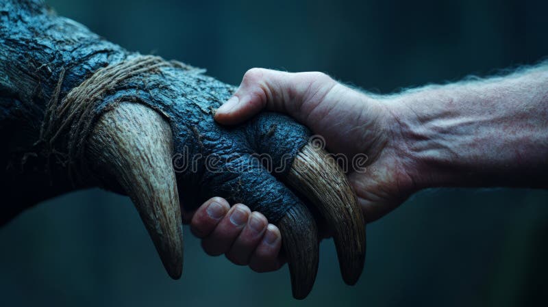 Human Hand Gripping a Beastly Claw in a Mysterious Forest Scene Stock ...