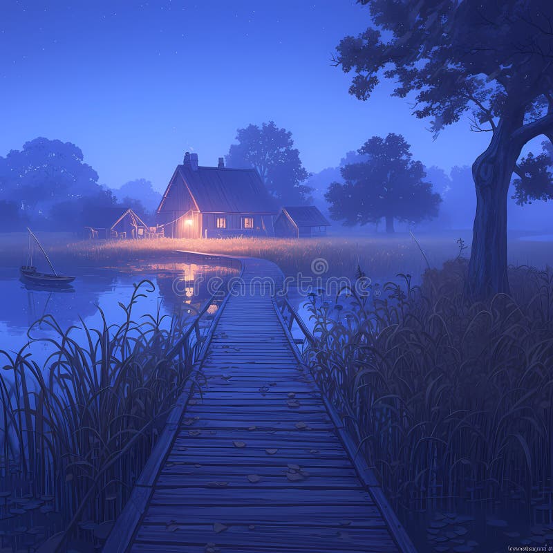 Serene Nighttime Path To Cottage Stock Illustration - Illustration of ...