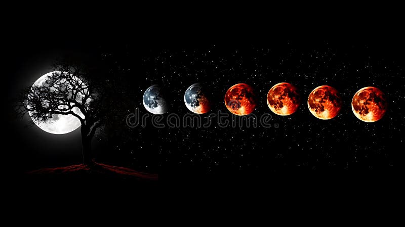 Phases of the Moon Lunar Eclipse Full Moon Tree Silhouette Night Sky ...