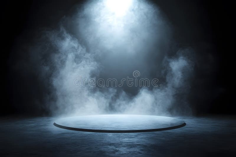 Dramatic Dark Stage with Circular Platform Smoke and Spotlight Stock ...