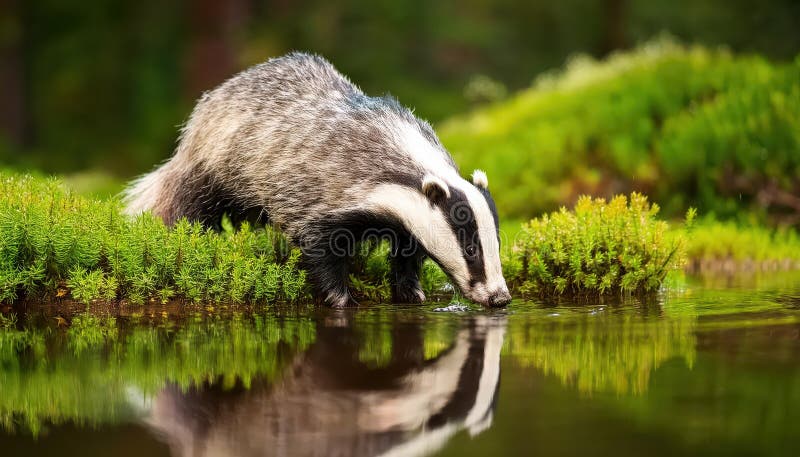 Wild European Badger Hydrating at Forest Lake in a Serene Winter ...