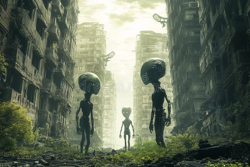 Alien Figures Explore Abandoned Cityscape with Overgrown Vegetation ...