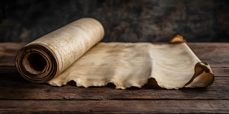 Old Parchment Scroll on a Rustic Wooden Surface with Historical Text ...