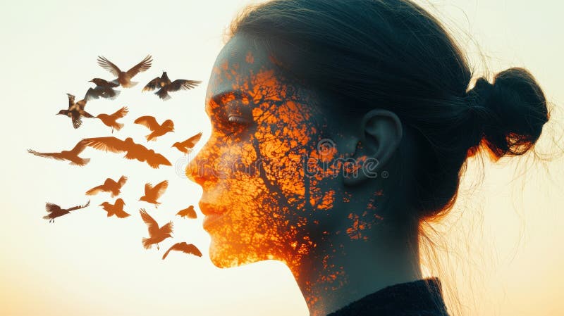 Artistic Double Exposure Portrait of a Woman with Birds and Trees ...
