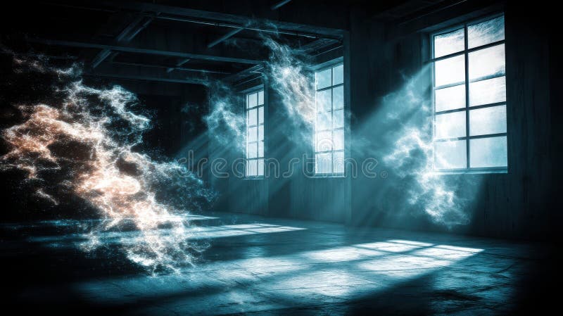 Ethereal Light and Mist in an Abandoned Warehouse with Dust Particles ...