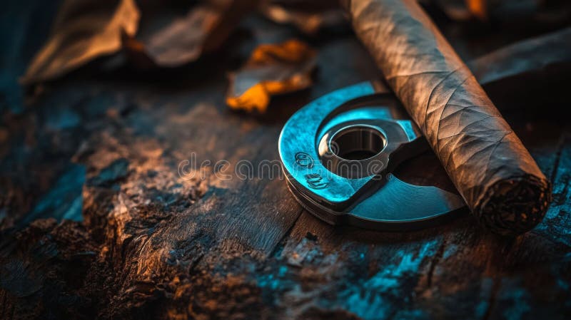 A Sophisticated Cigar Rests Next To a Shiny Cutter on a Rustic Wooden ...
