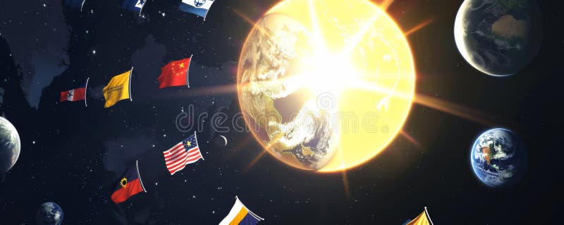 Flags of Various Nations Orbiting in Space Around Earth and Other ...