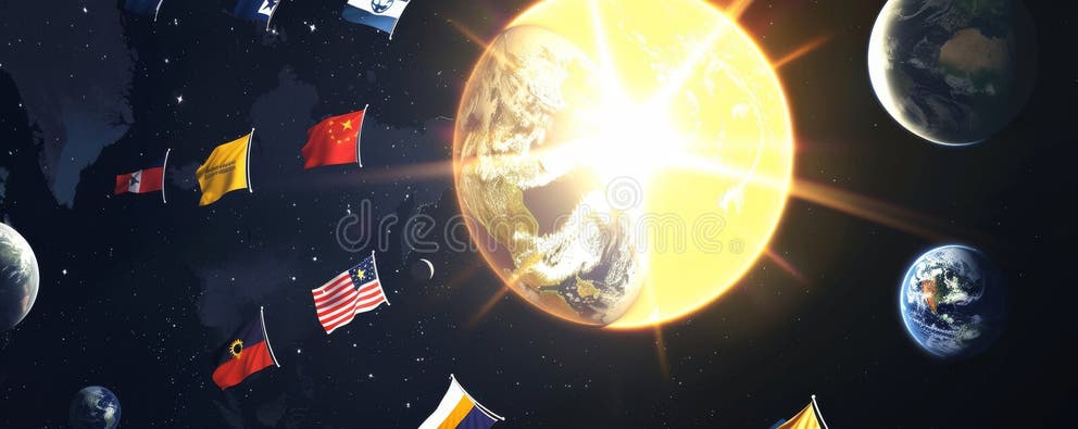 Flags of Various Nations Orbiting in Space Around Earth and Other ...