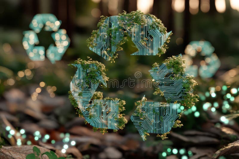 Glowing Digital Recycle Symbol Composed of Green Elements with Nature ...