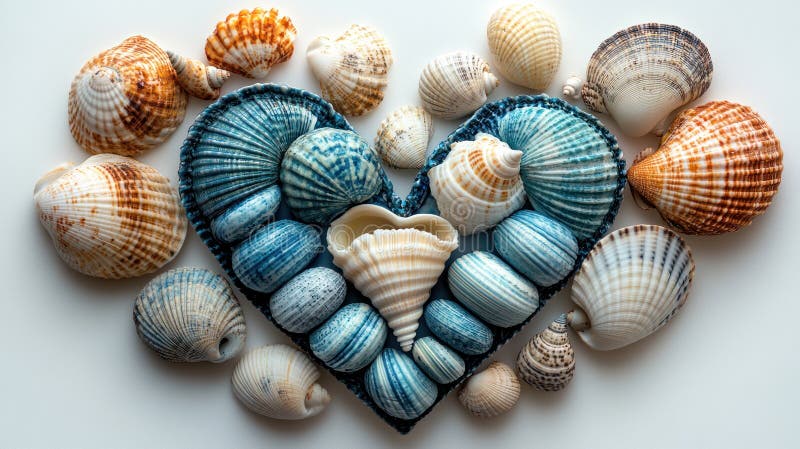 Ocean Love: Blue and White Seashells Heart on White Background Stock ...