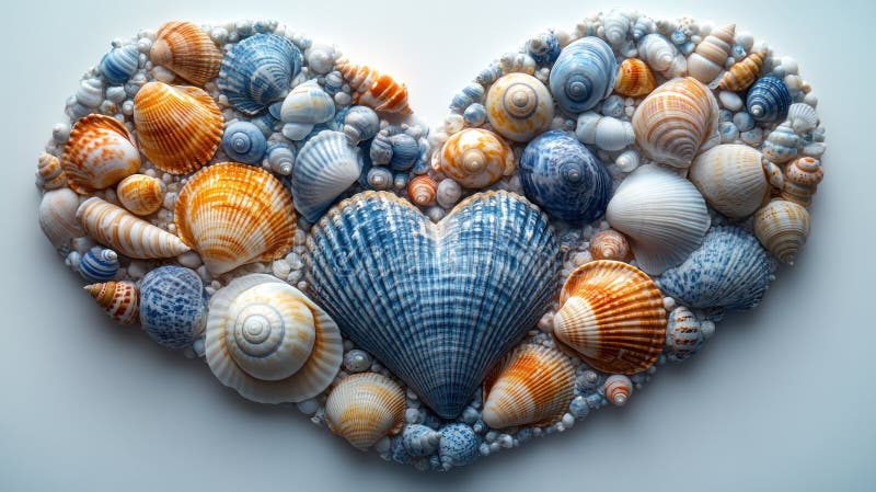 Ocean Love: Blue and White Seashells Heart on White Background Stock ...
