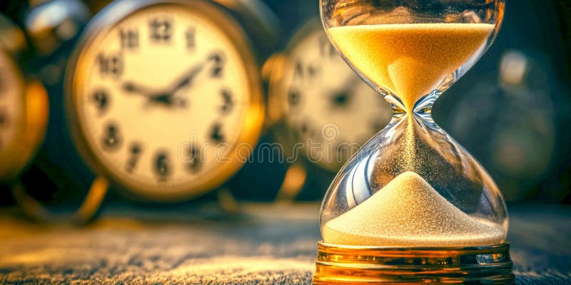 An Hourglass Stands in Focus with Clocks in the Background, Symbolizing ...