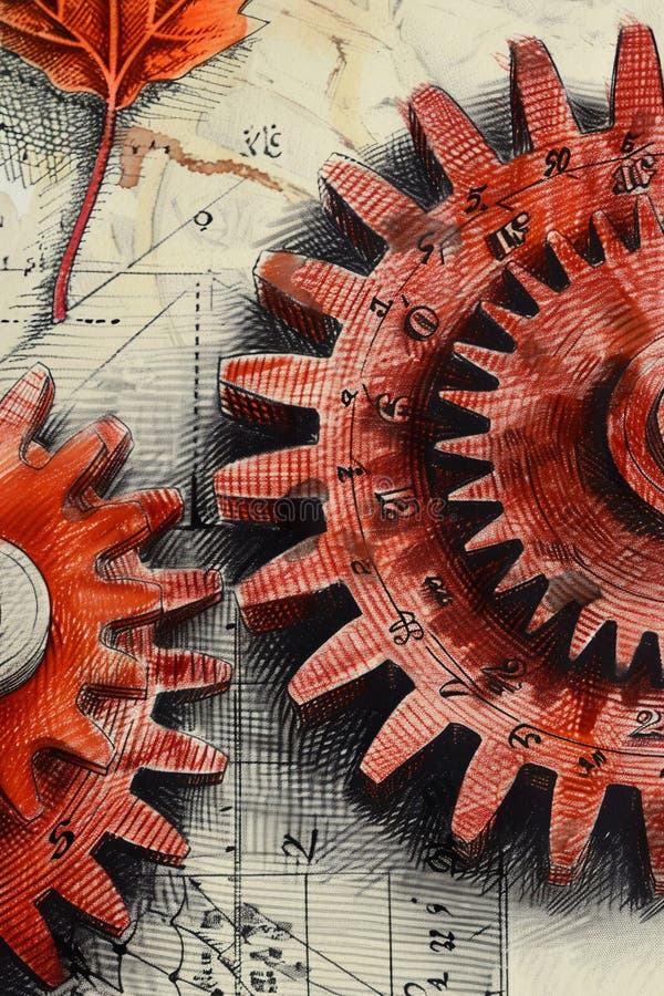 Hand-Drawn Style Red Gears on Draft Paper Background Stock Illustration ...