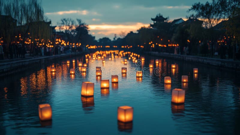 A Serene Evening with Glowing Lanterns Reflecting in Calm Waters. this ...