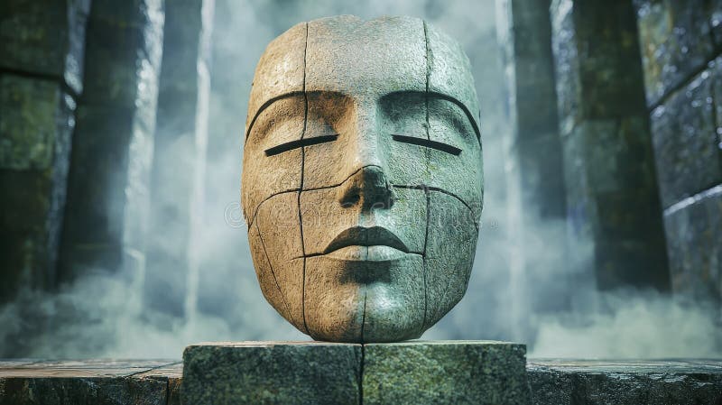 Ancient Stone Face in Mystical Misty Surrounding with Pillars Stock ...
