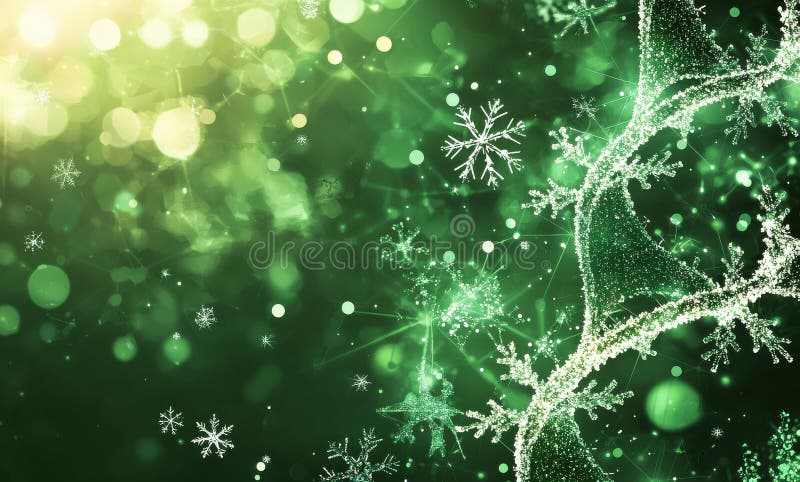A Festive Green Background with Glowing White Snowflakes and Abstract ...