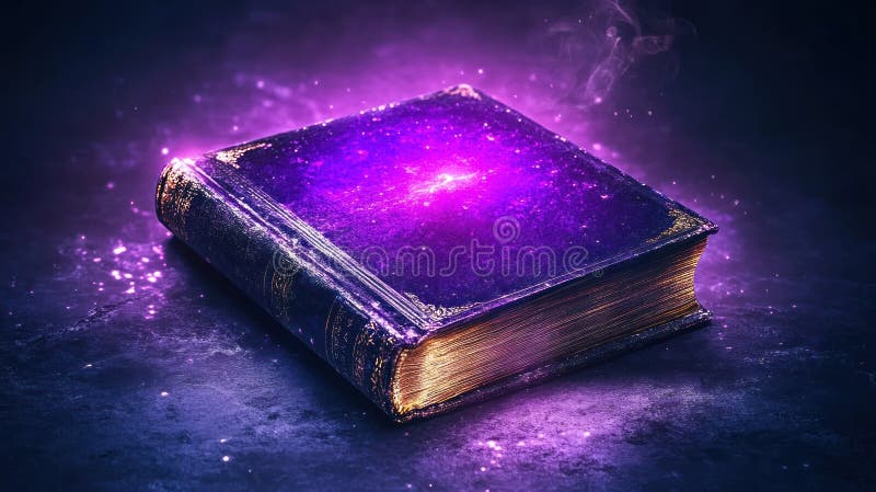 Mysterious Magic: Old Book Opened on Desk with Candles and Purple Smoke ...