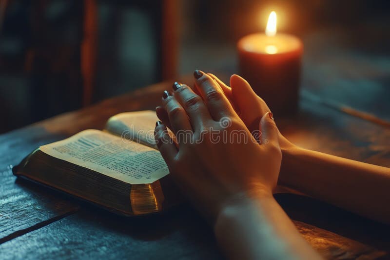 Praying Hands Over an Open Bible with Soft Candlelight Stock ...