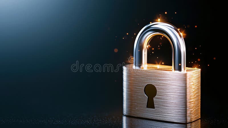 Shiny Padlock with Magic Sparks on Dark Background Representing ...