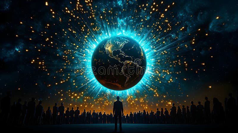 Radiant Silhouettes of People with Connecting Lines and Earth Glow ...