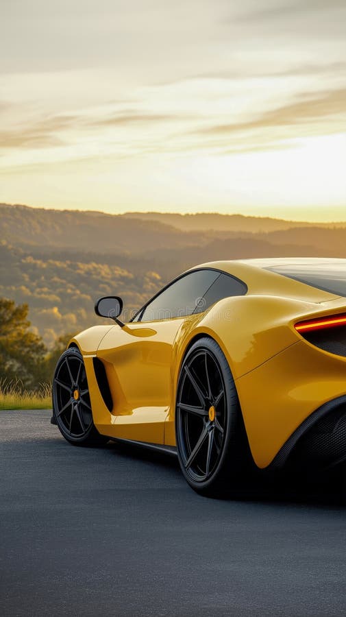 Stunning Yellow Supercar Against a Scenic Sunset Stock Illustration ...