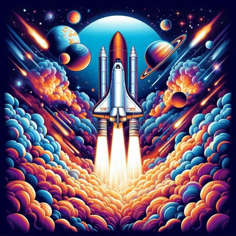 Retro Space Art: Rocket Launch through Nebula Clouds Stock Illustration - Illustration of travel ...