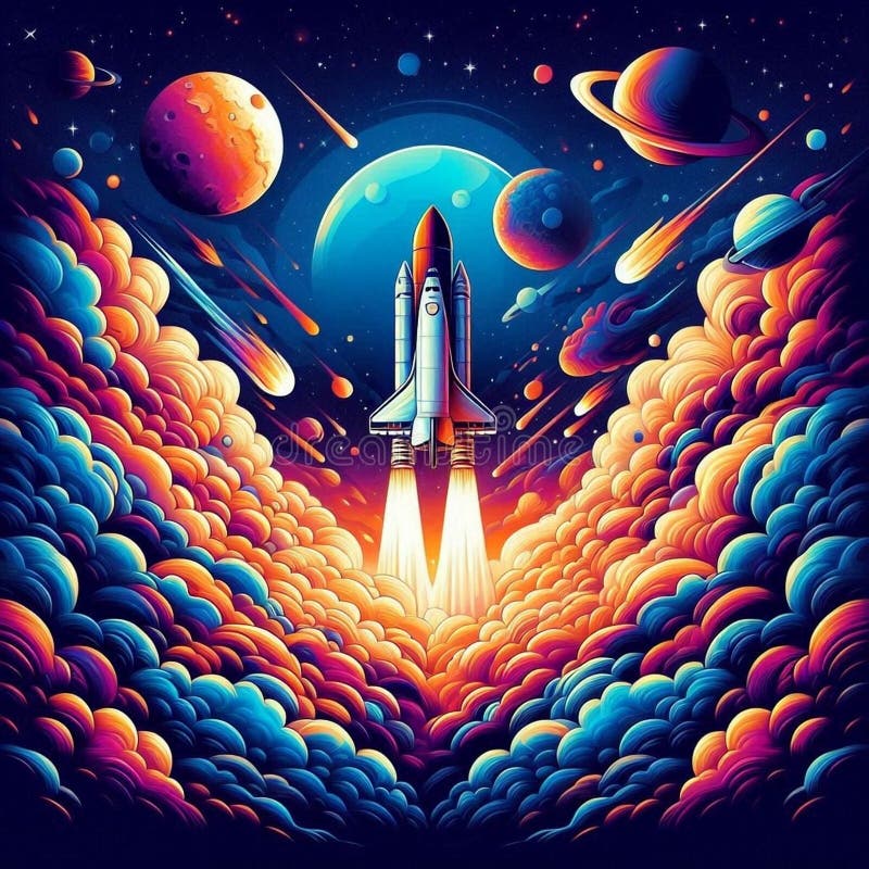 Space Shuttle Launch: Colorful Cosmic Journey Illustration Stock Illustration - Illustration of ...