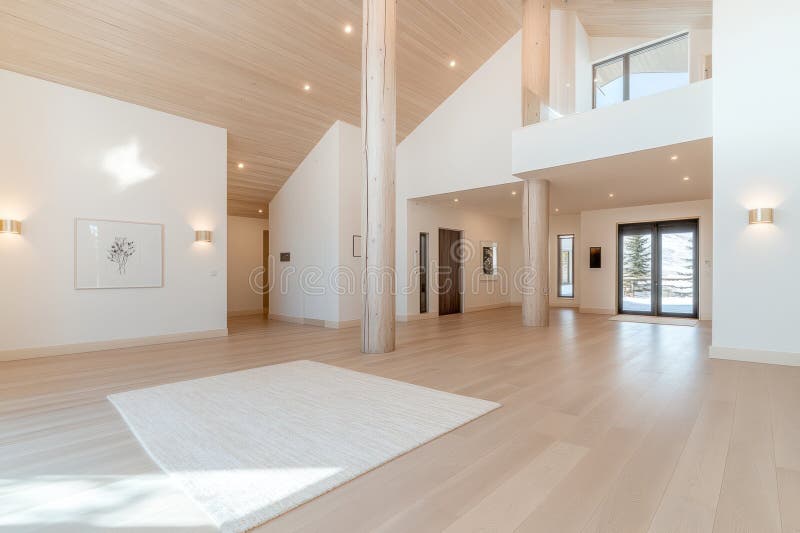 Rustic Charm: Tree Trunk Columns in Modern Entrance Hall with Wooden ...