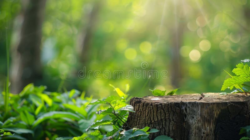 Sunlit Forest Scene with Tree Stump and Greenery, Generative AI Stock ...
