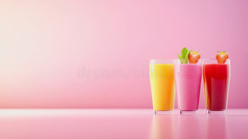 Vibrant Healthy Smoothies in Three Different Colors on a Smooth Pink ...