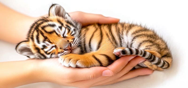 A Cute Tiger Cub is Peacefully Resting in Gentle Hands. this Image ...