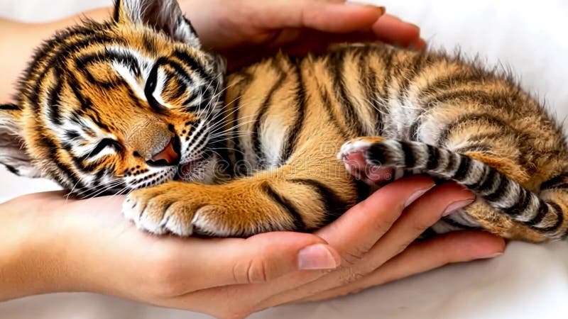 A Cute Tiger Cub is Peacefully Resting in Gentle Hands. this Image ...