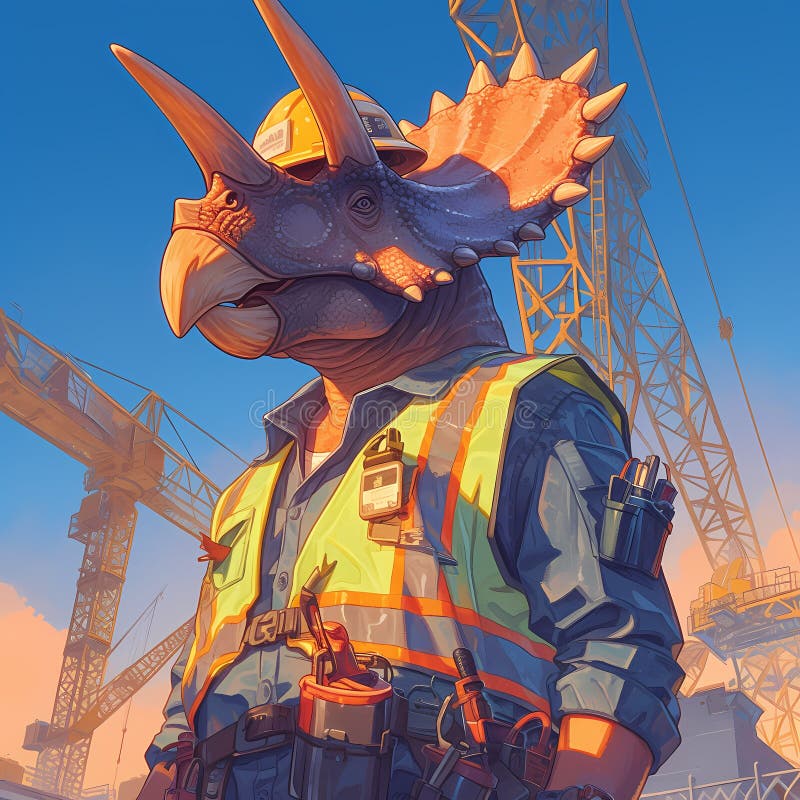 Ready for Work - Triceratops on a Construction Site Stock Illustration ...