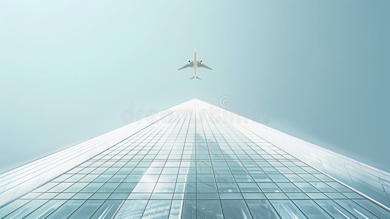 Airplane Soaring Above a Sleek, Triangular Glass Skyscraper. Stock ...