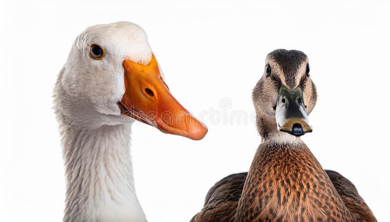 Closeup Portrait of a Humorous Goose and Duck Duo, Isolated on a White ...