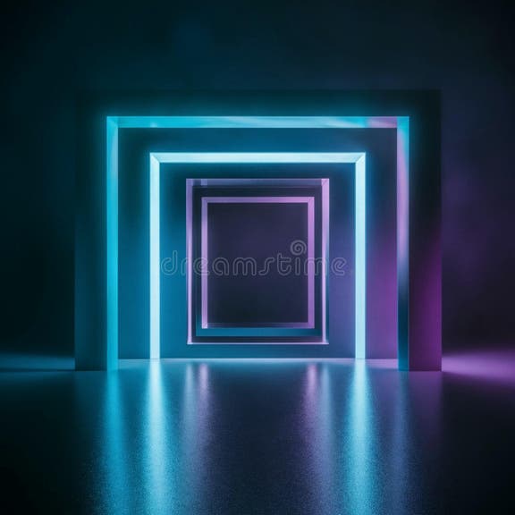 Nested Square Frames Glowing with Blue and Purple Light in a Dark ...