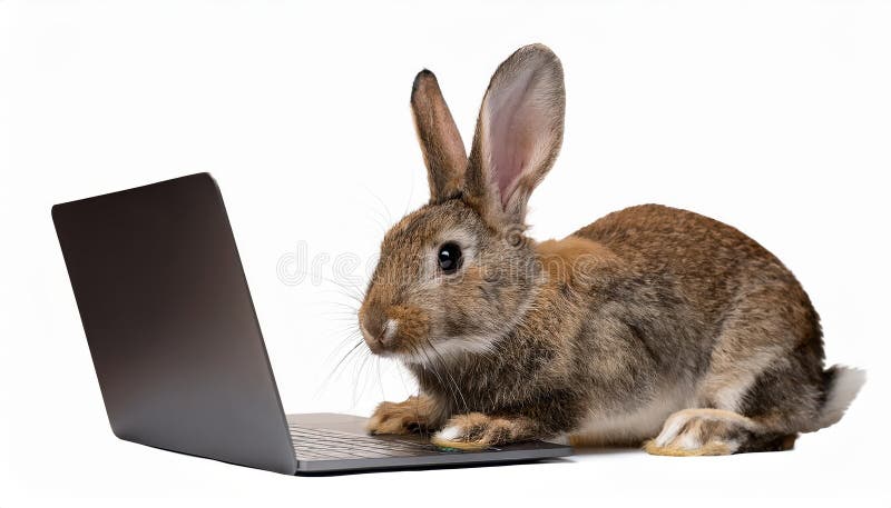Playful Rabbit Engaged with Laptop in a Striking Isolated Scene Against ...