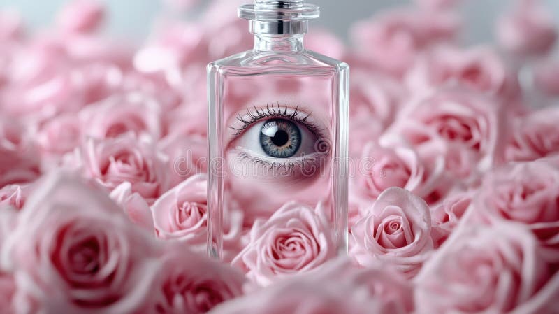 A Surreal Eye Peers through a Perfume Bottle Amidst Pink Roses ...