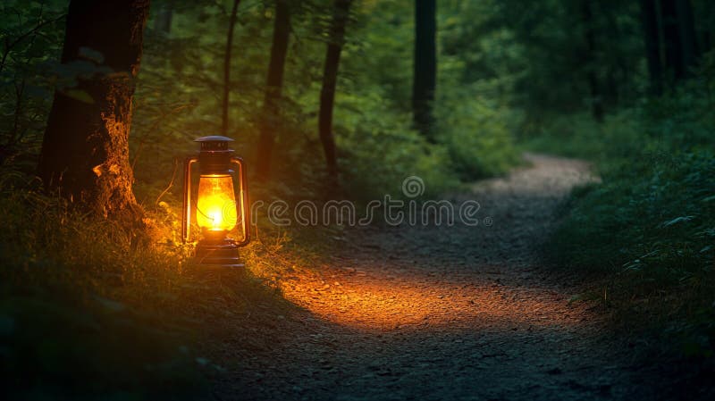 Illuminated Forest Path Glowing Lantern Light on Rustic Trail at Dusk ...