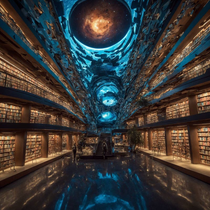 A Captivating Image of a Grand Library Corridor Bathed in a Digital ...