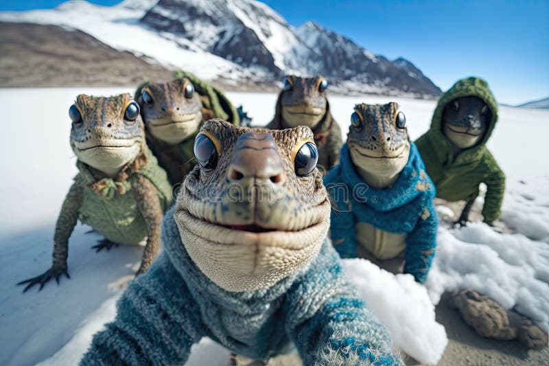A Group of Lizards Sitting in the Snow Against a Mountain Backdrop ...