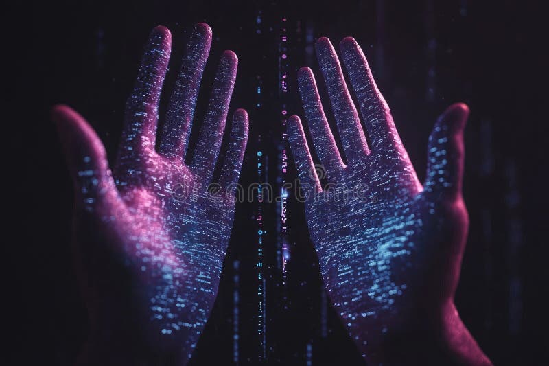 Hands Reaching for a Floating Holographic Screen Stock Illustration ...