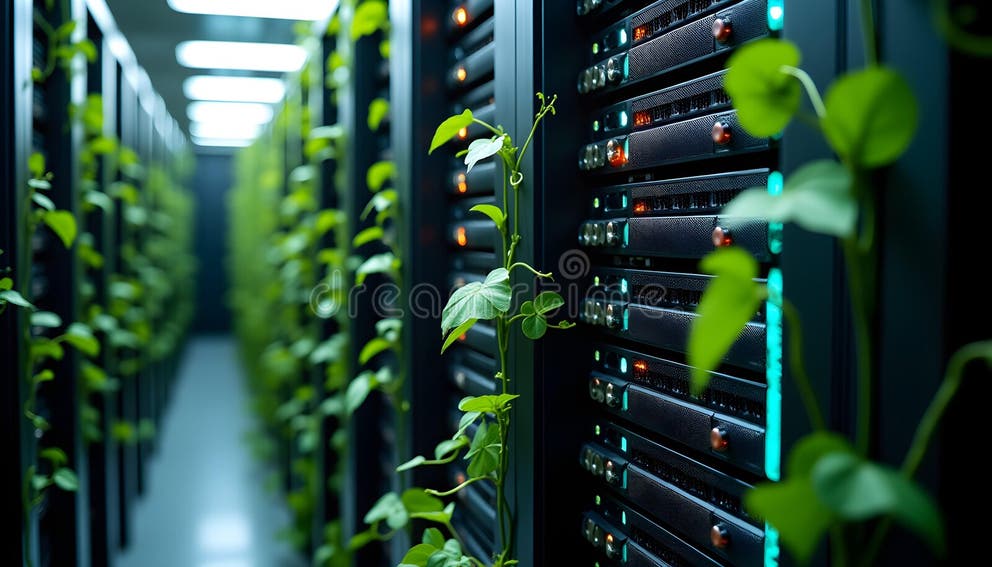 A Captivating Image of a High-tech Data Server Rack, Adorned with Lush ...