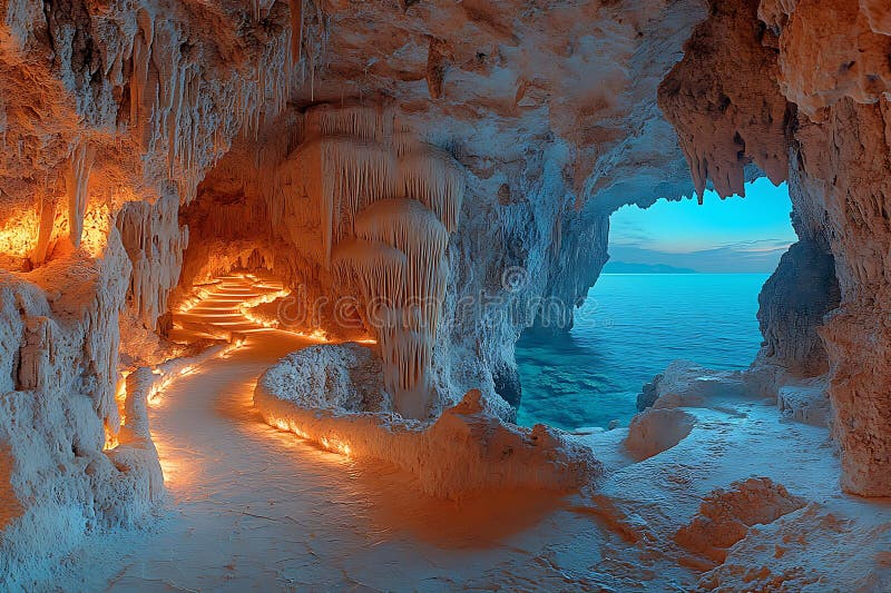 Illuminated Cave Pathway with Stalactites Leads To a Vibrant Ocean View ...