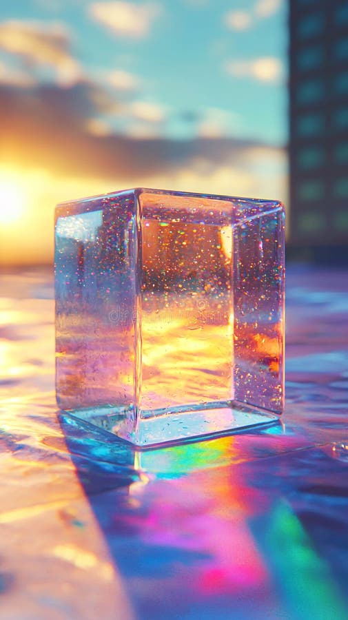 Iridescent Glass Cube Reflecting Sunset Cityscape Abstract Art ...
