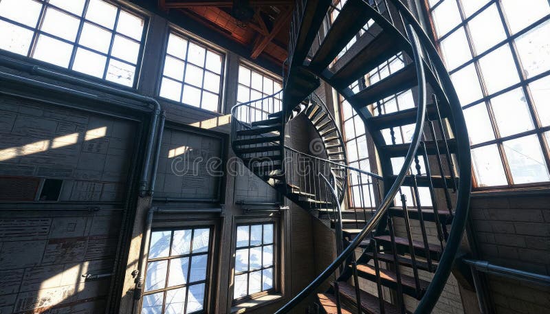 Majestic Spiral Staircase in Industrial Building with Large Windows and ...