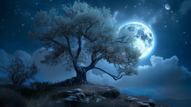 Lone Tree with Full Moon and Starry Sky Stock Photo - Image of glowing ...