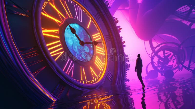 Man Exploring Surreal Landscape with Oversized Glowing Clock Stock ...