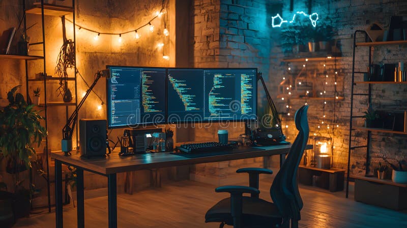 Modern Programmer S Workspace Triple Monitor Setup with Cozy Ambient Lighting and Coding on ...