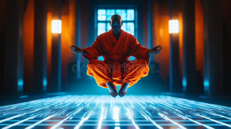 A Monk Levitates in a Futuristic Setting. the Ambient Light Casts a ...
